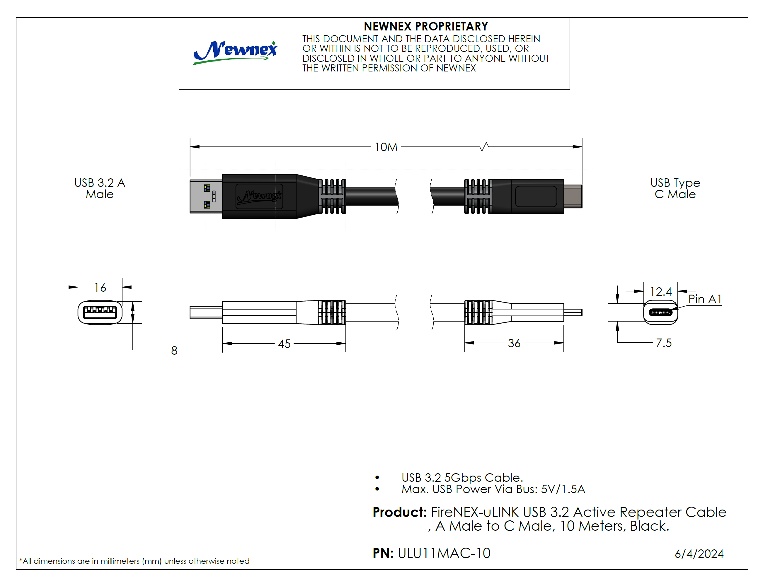 Active USB-C Extension Cable, 5Gbps Data & 1.5A Power, 100ft (30m)
